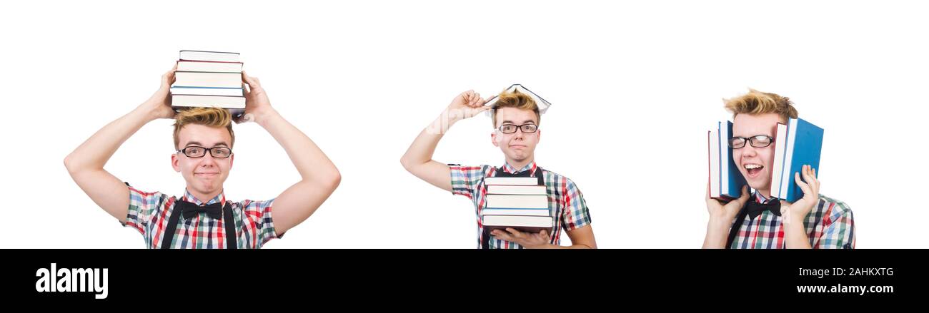 The funny student with stack of books Stock Photo - Alamy
