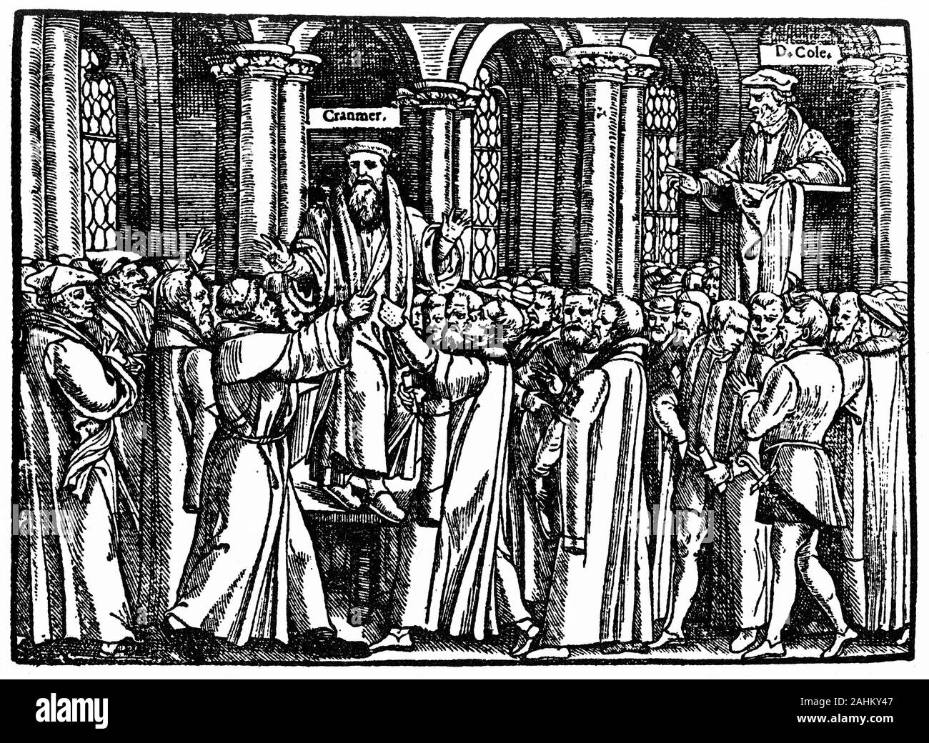 Engraving of Thomas Cranmer standing in the gate of Mt Marie's Church ...