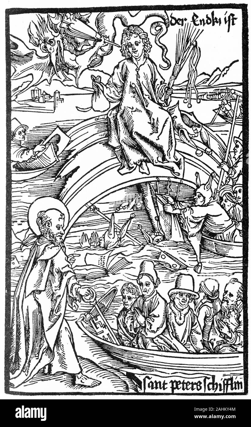 Engraving of St Peter's bark, or rowboat, loaded with passengers Stock ...