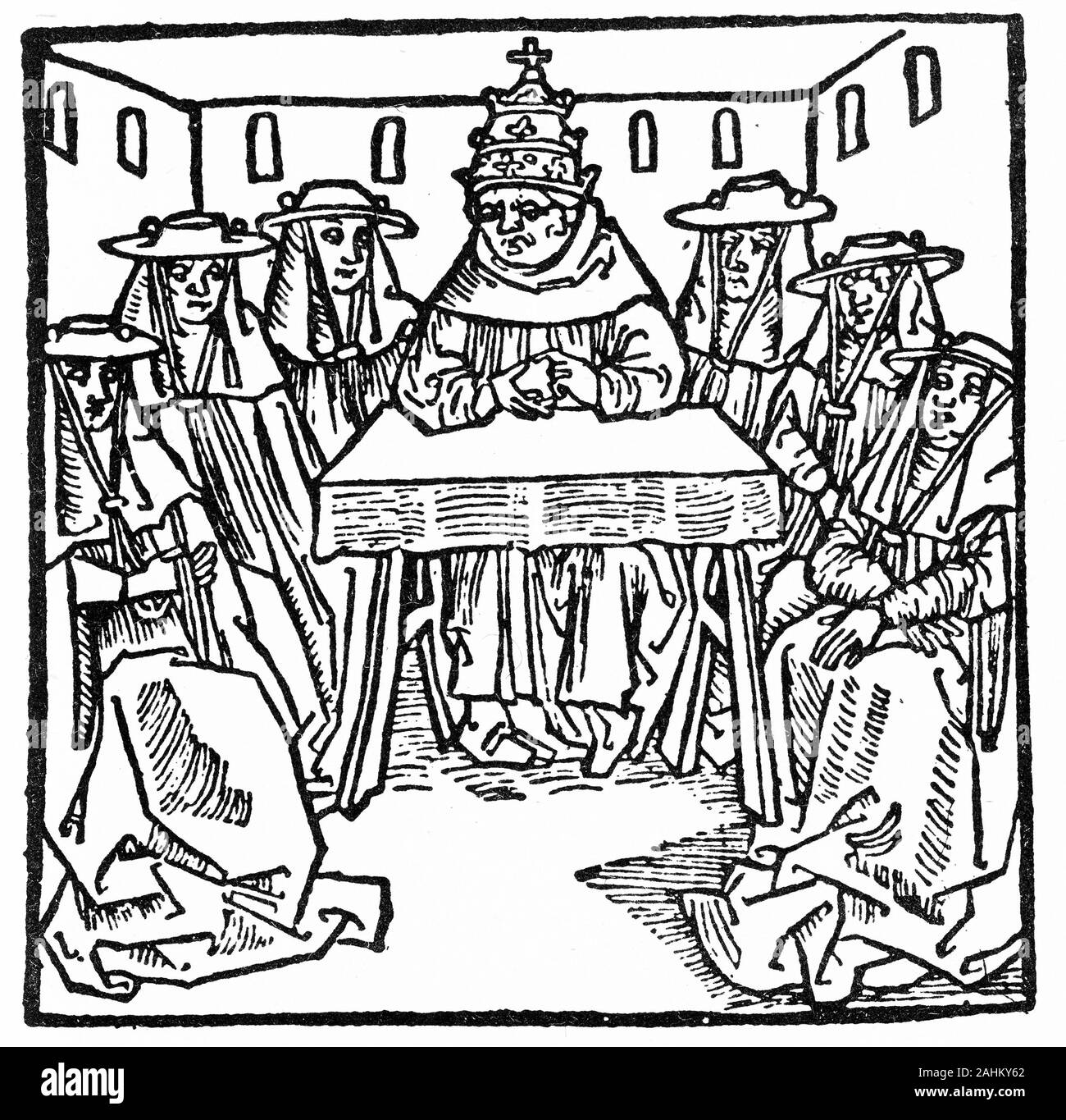 Engraving of the Pope and Cardinals in conclave, Rome, 16th century ...