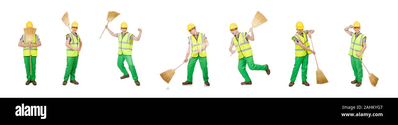 The funny janitor with broom isolated on white Stock Photo - Alamy