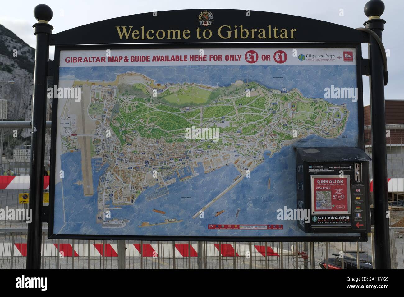"Welcome to Gibraltar" information board at the entrance/frontier of ...