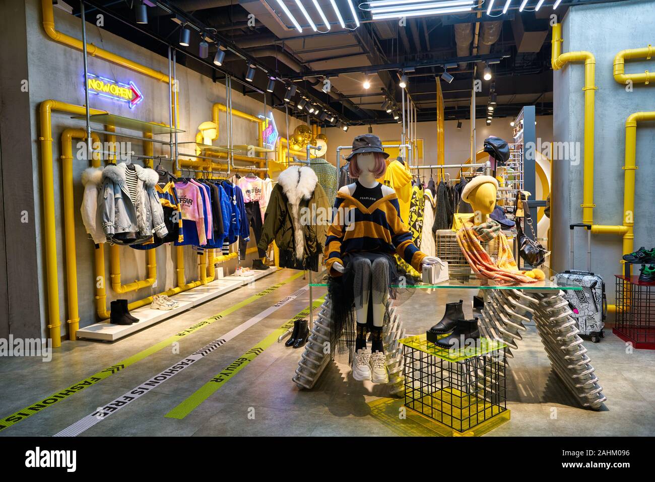 SHENZHEN, CHINA - CIRCA NOVEMBER, 2019: clothing on display at Emu ...