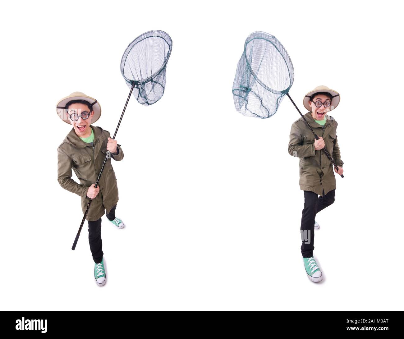 The funny guy with catching net on white Stock Photo - Alamy