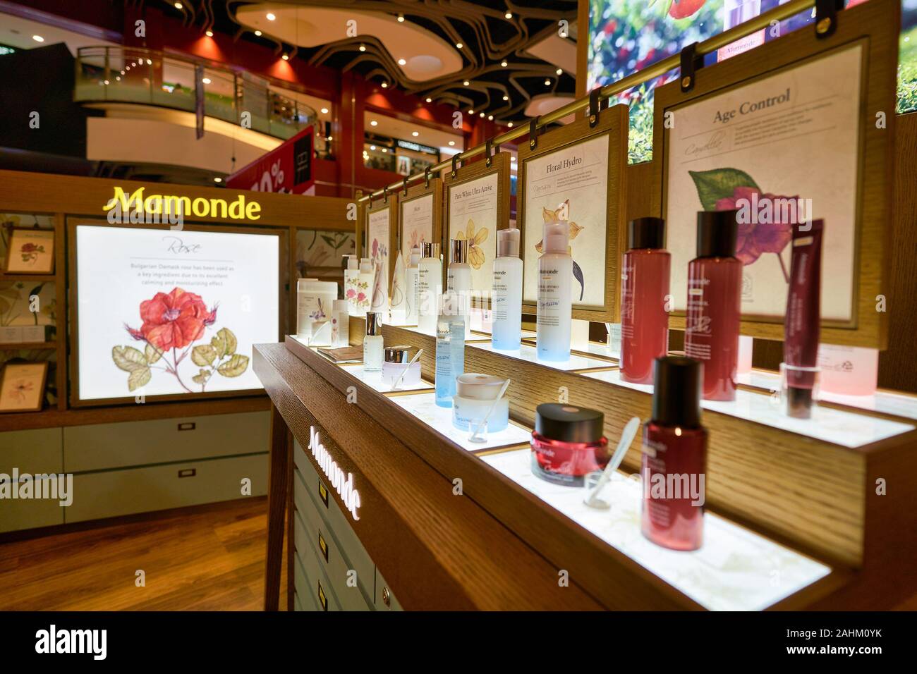 SINGAPORE - APRIL 03, 2019: Mamonde cosmetics products on display at a ...