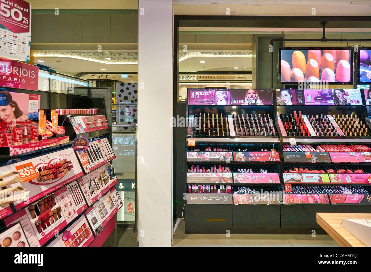 SINGAPORE - APRIL 03, 2019: cosmetics products on display at Watsons ...