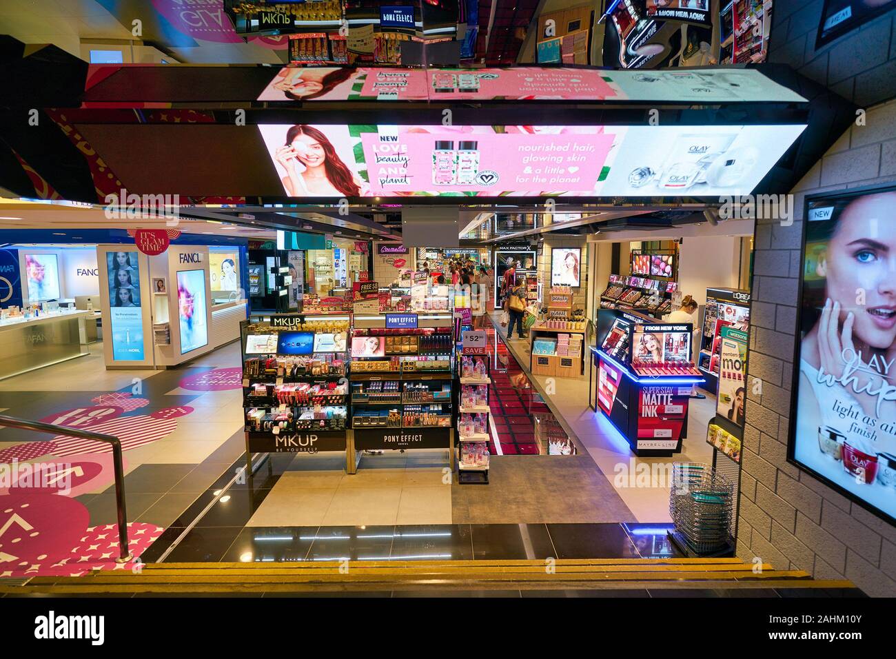 SINGAPORE - APRIL 03, 2019: cosmetics products on display at Watsons ...