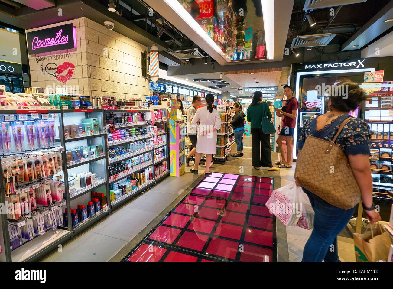 SINGAPORE - APRIL 03, 2019: cosmetics products on display at Watsons ...
