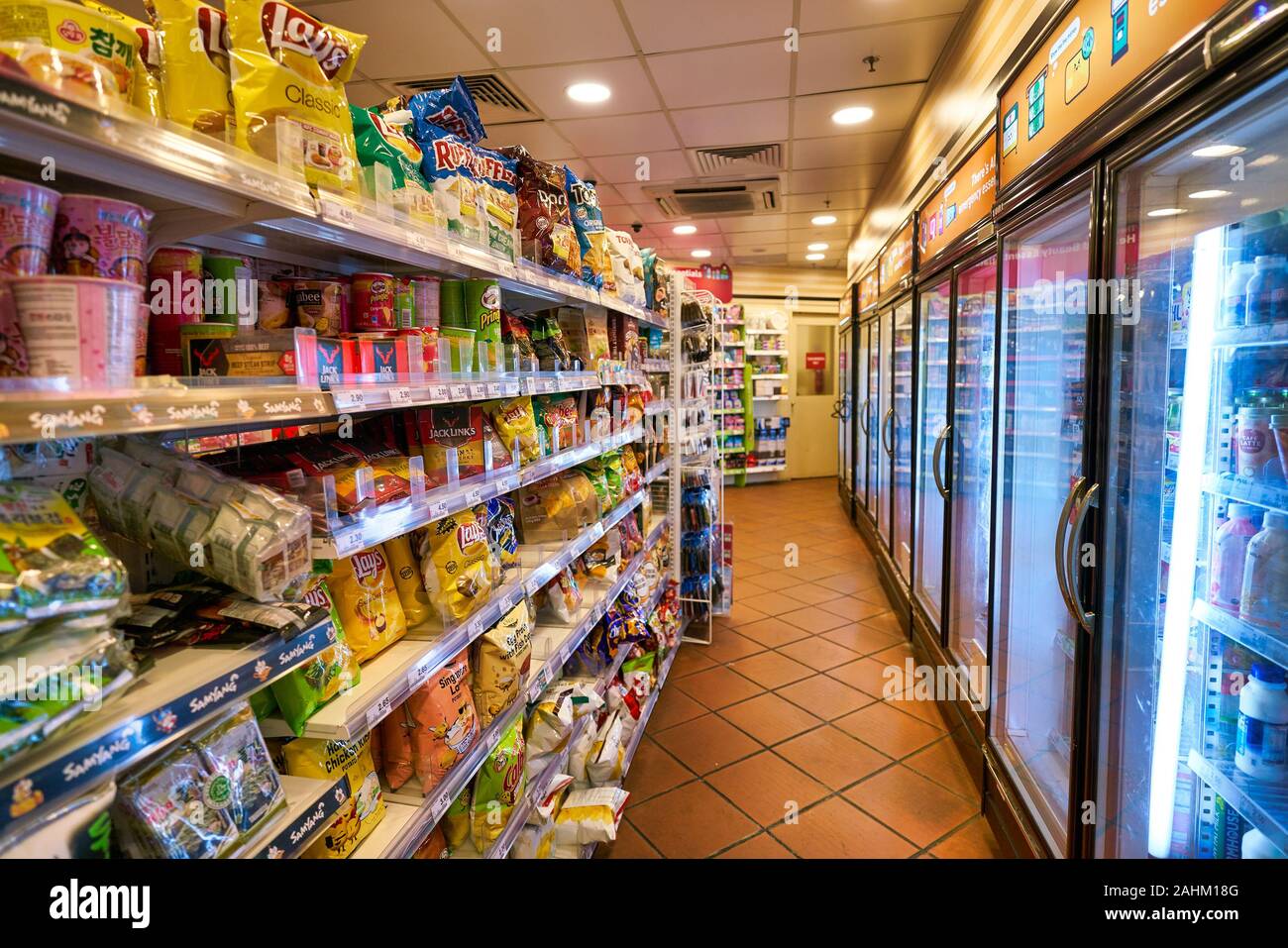 SINGAPORE - CIRCA APRIL, 2019: interior shot of 7-Eleven convenience ...