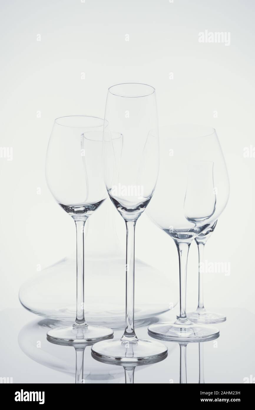 Glassware selection with wine, champagne, liquour glasses and decanter ...