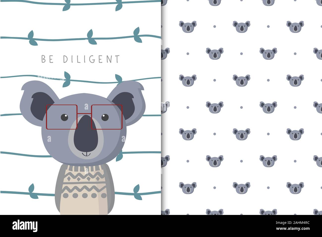 Cute koala illustration with seamless pattern in the white backdrop ...