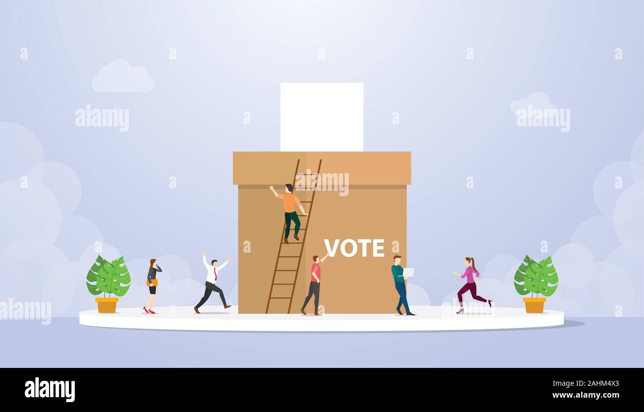 vote concept with people voter giving paper and box with modern flat ...