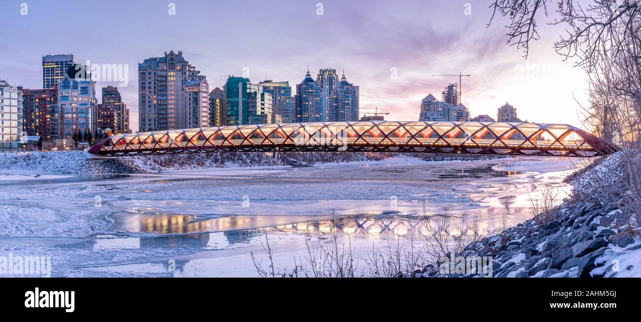 View of Calgary's skyline on a cold winter day. Bow River and the Peace ...