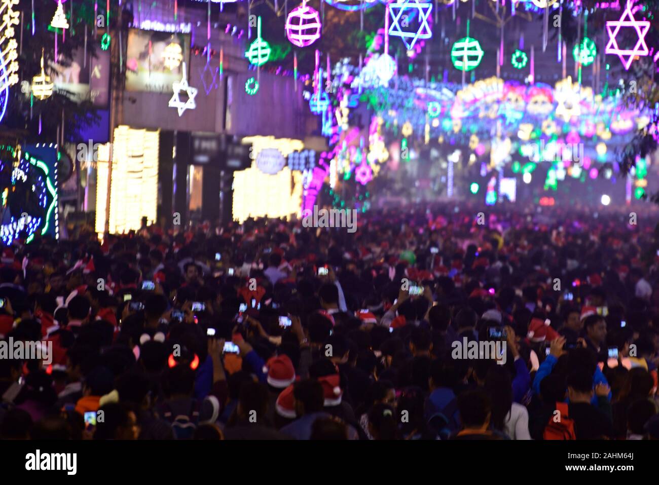 Christmas lights decoration at Park street, Kolkata and lots of people ...