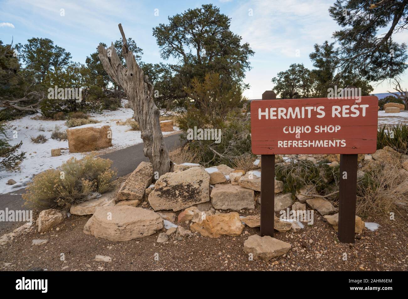 Hermit's rest sign during the winter in Grand Canyon, Arizona Stock ...