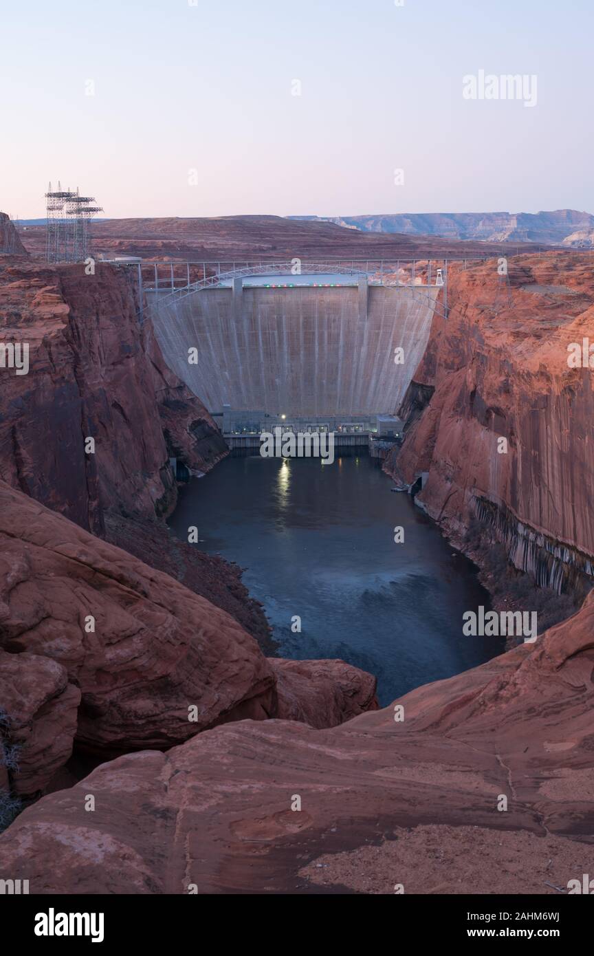 Glen Canyon Dam Overlook looking at the dam in the evening during the ...