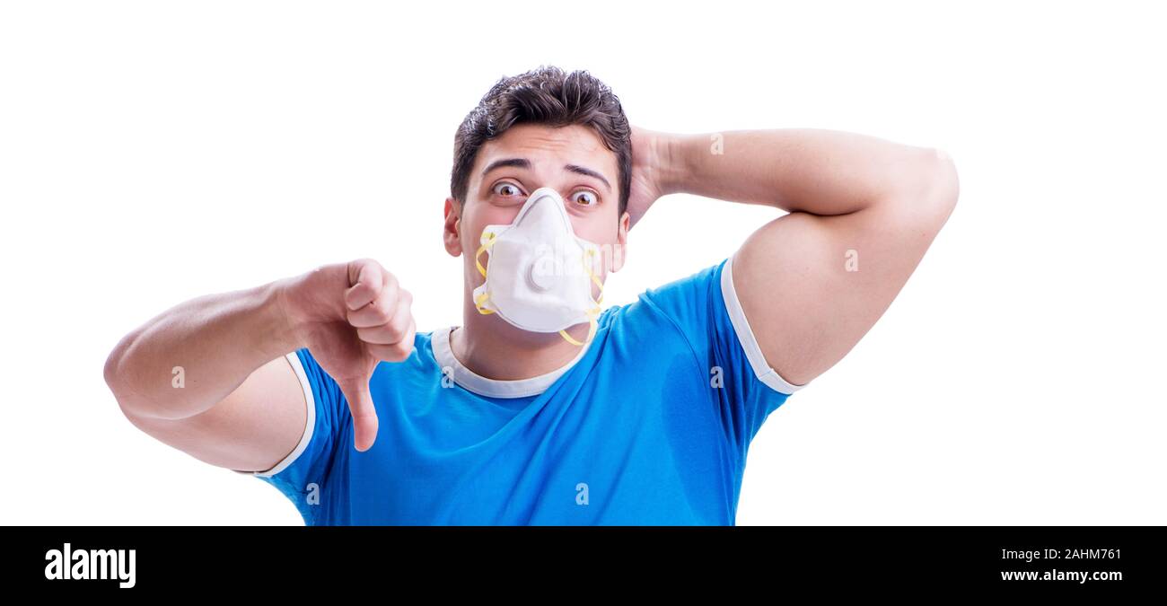 Man sweating excessively smelling bad isolated on white background ...