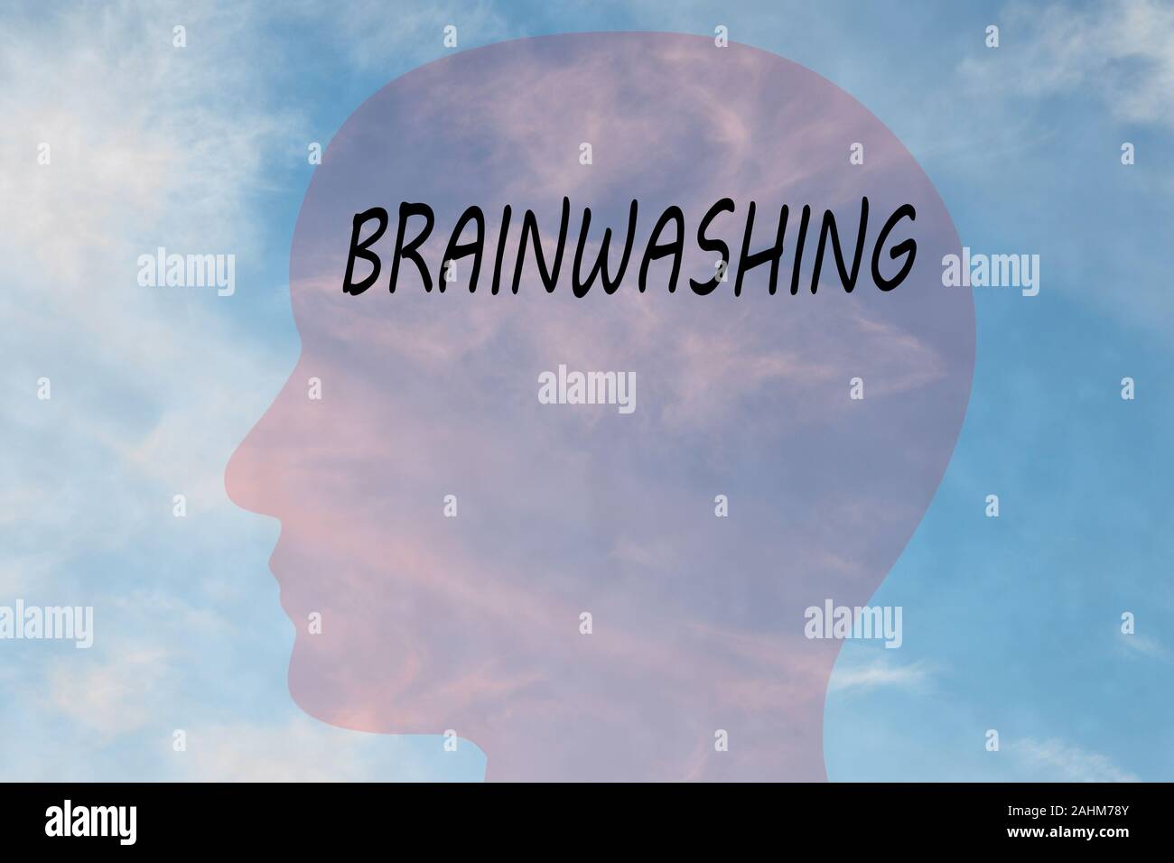 Render illustration of BRAINWASHING title on head silhouette, with ...