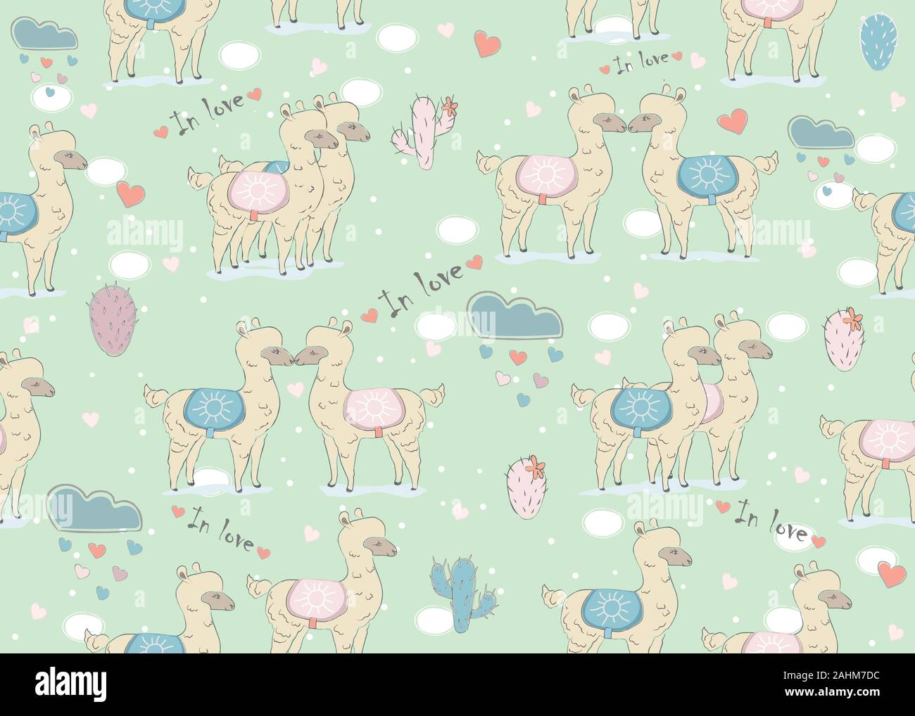 Seamless Pattern with cute alpacas on dark background with cacti ...