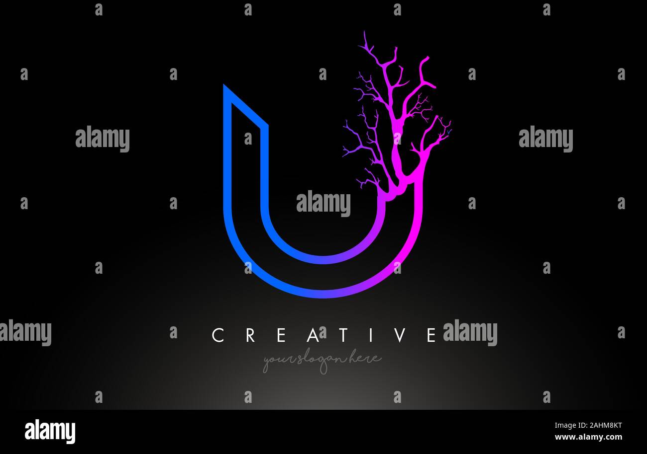 Tree Letter U Design Logo with Purple Blue Tree Branch. U Letter Tree ...