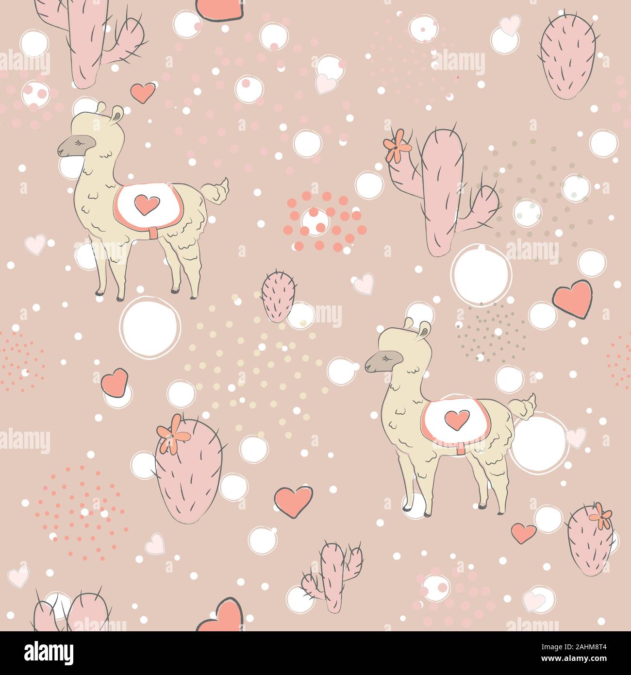 Seamless Alpaca Pattern with cacti, hearts and dots on dark background ...