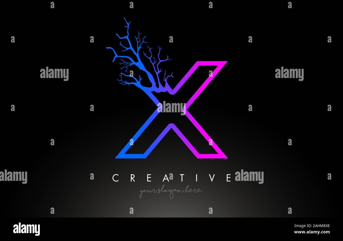 Tree Letter X Design Logo with Purple Blue Tree Branch. X Letter Tree Icon Logo Vector ...