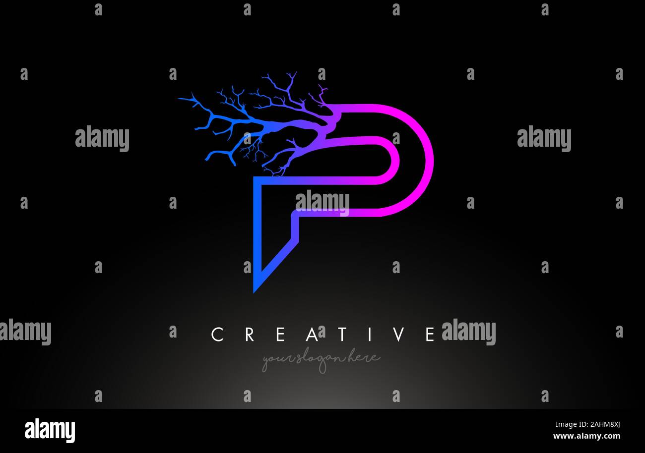 Tree Letter P Design Logo with Purple Blue Tree Branch. P Letter Tree ...