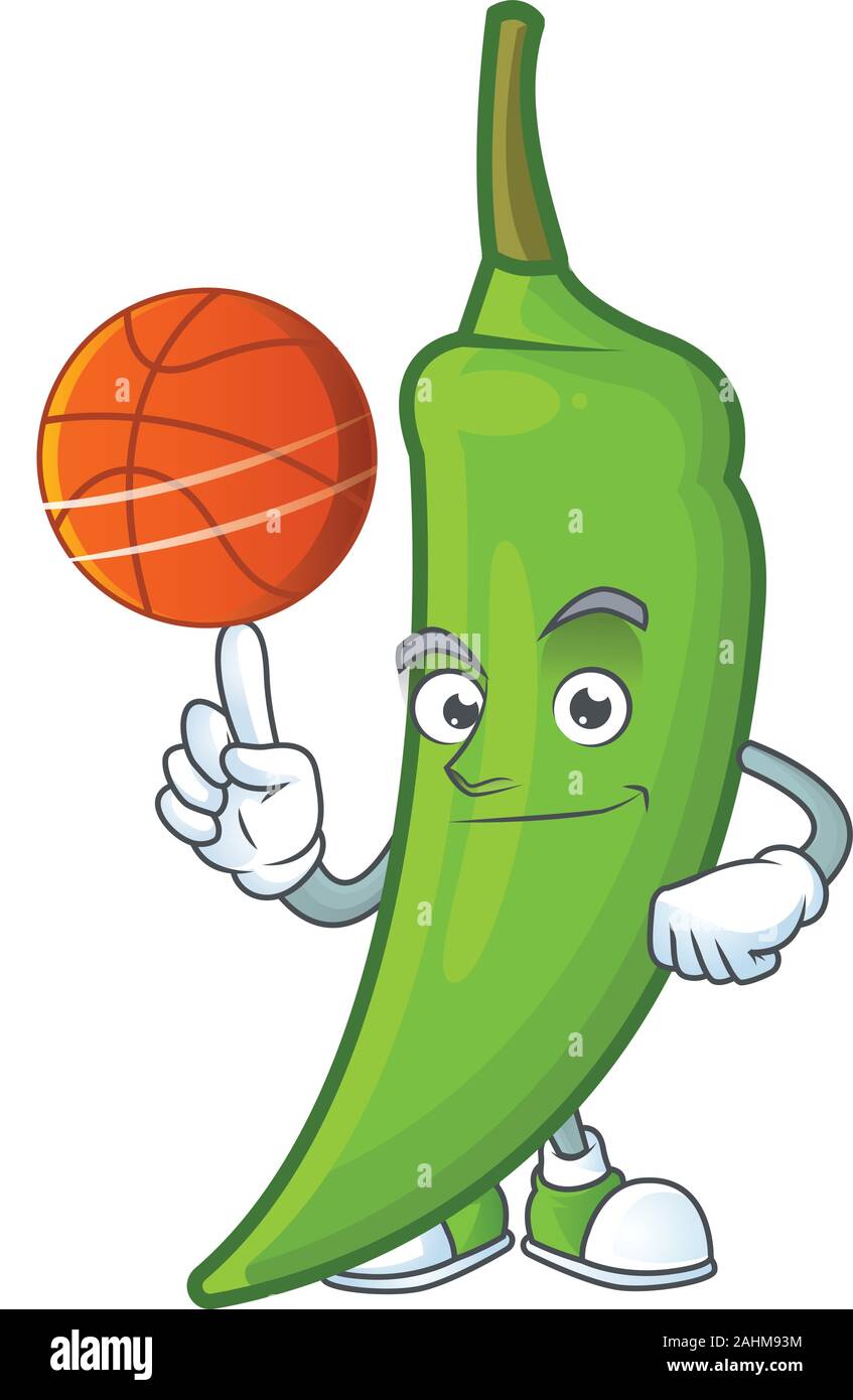 Happy face green chili cartoon character playing basketball Stock ...