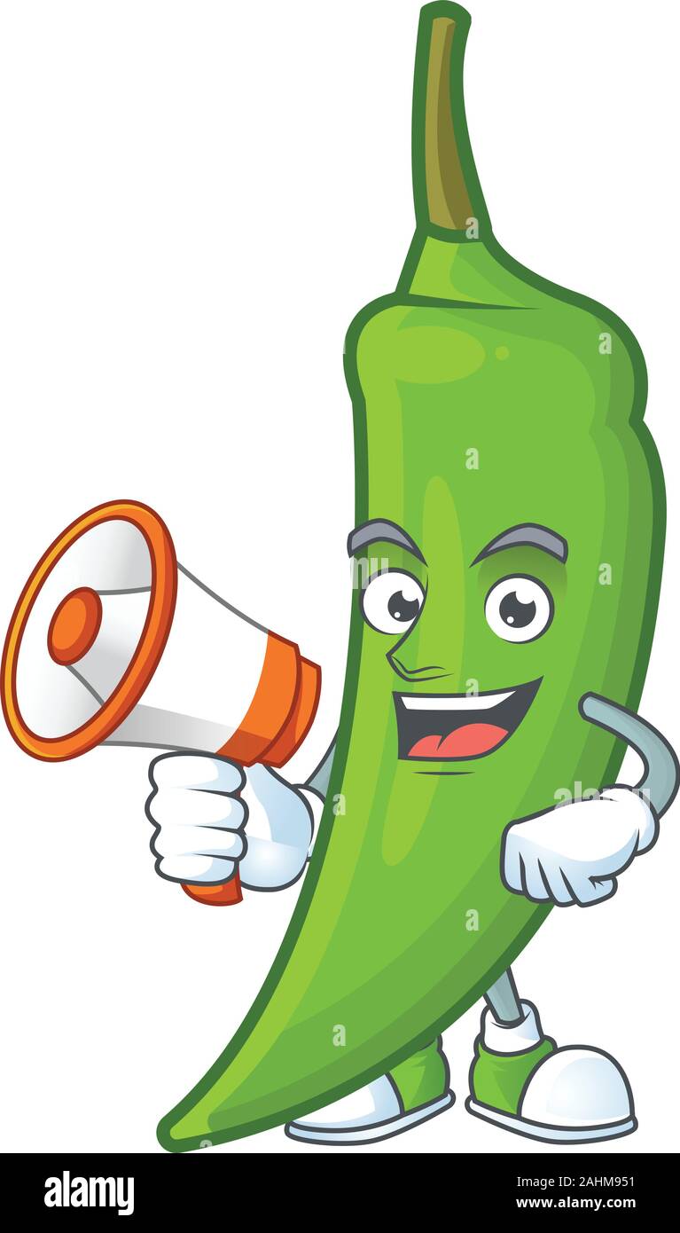 Smiling cartoon character of green chili with megaphone Stock Vector ...