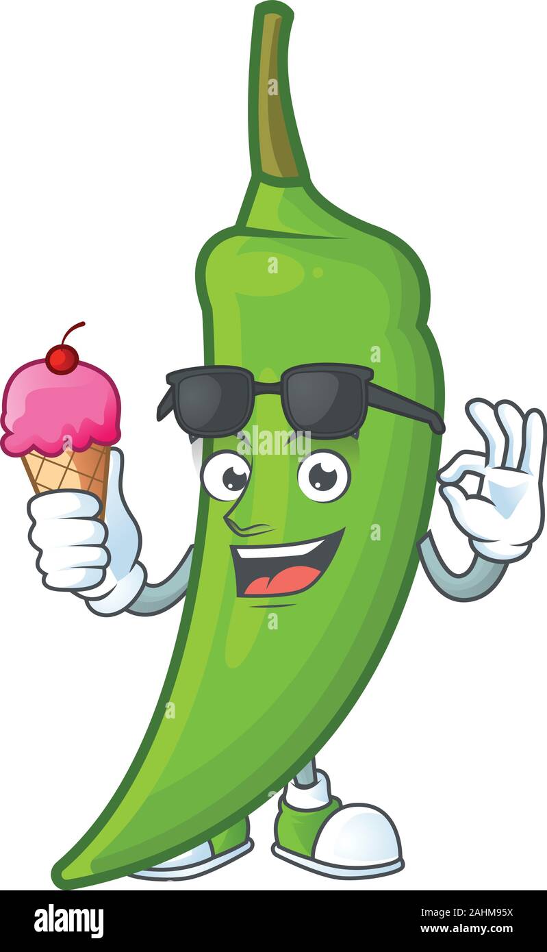 Cute green chili cartoon character with ice cream Stock Vector Image ...