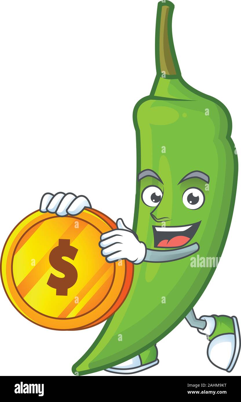 happy face green chili cartoon character with gold coin Stock Vector ...