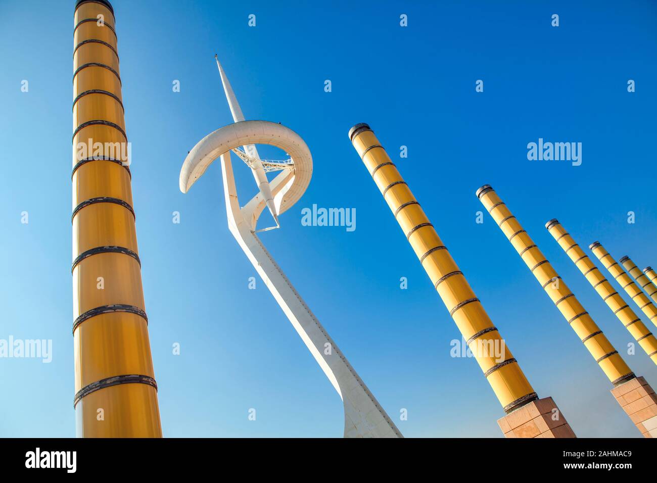 Telecommunications Tower and columns on Montjuic in Barcelona Stock ...