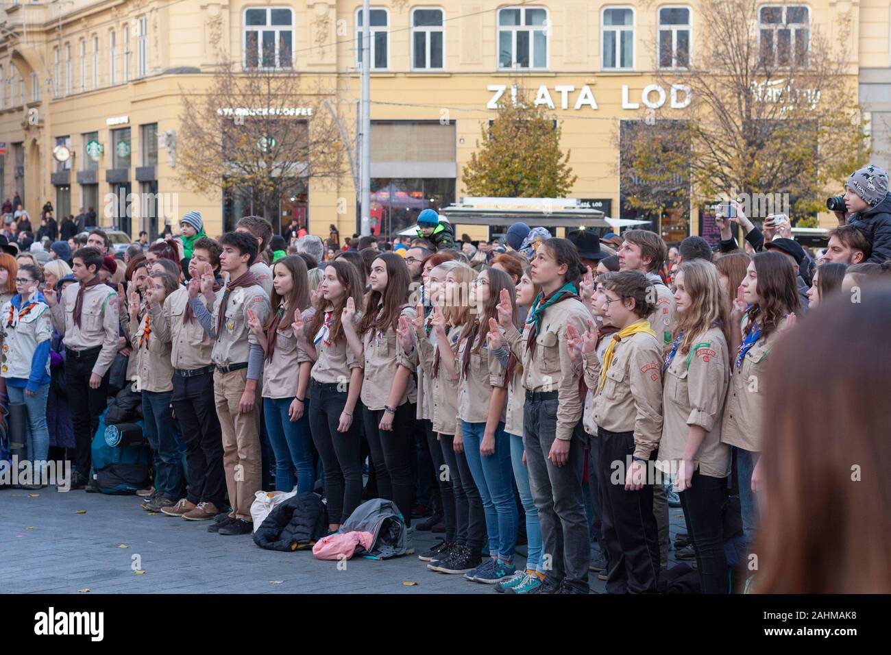 Brno, Czech Republic - November 17, 2019: Scouts making the three ...