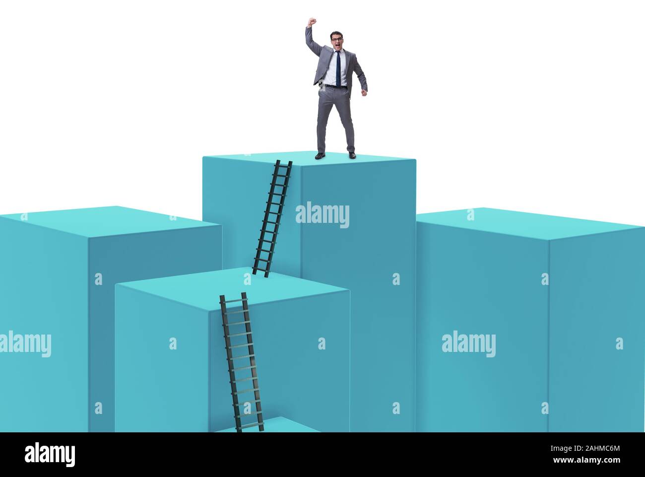 The businessman on top of block isolated on white Stock Photo - Alamy