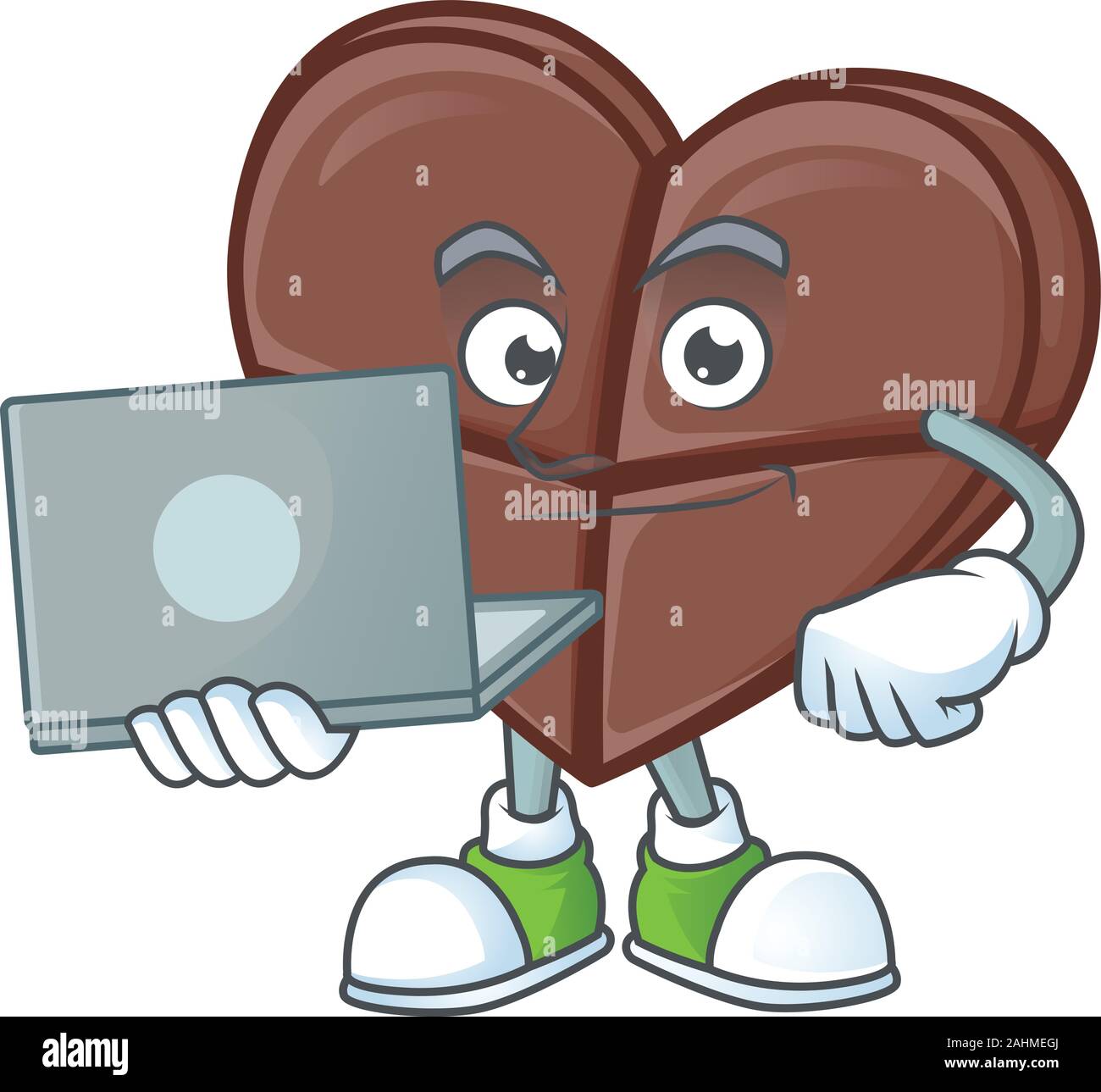 Smart chocolate bar love cartoon character working with laptop Stock ...