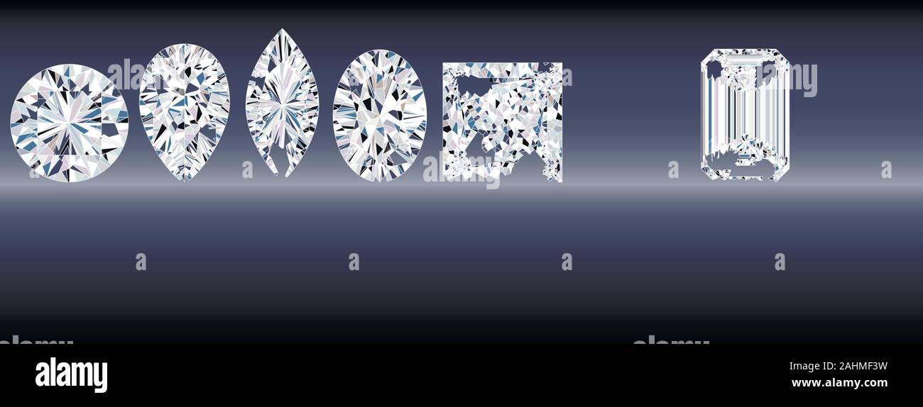 Set of sparkling water clear diamonds of various cut shape. Top view ...