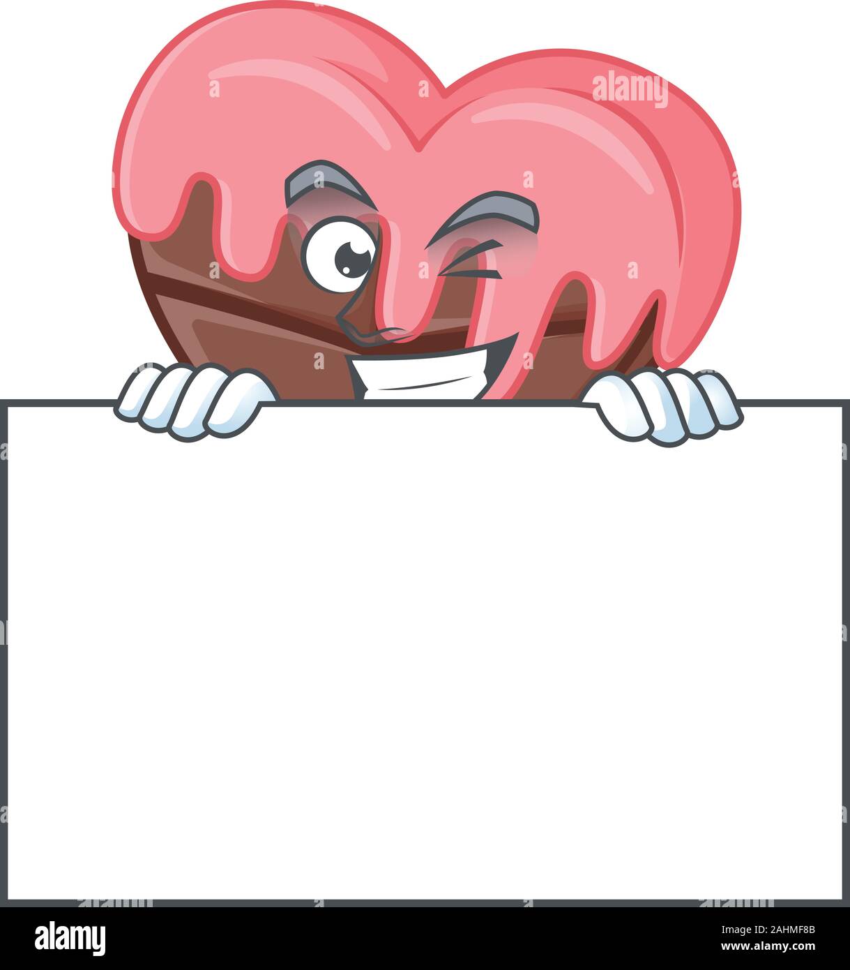 Grinning love chocolate with pink cartoon character style hides behind ...