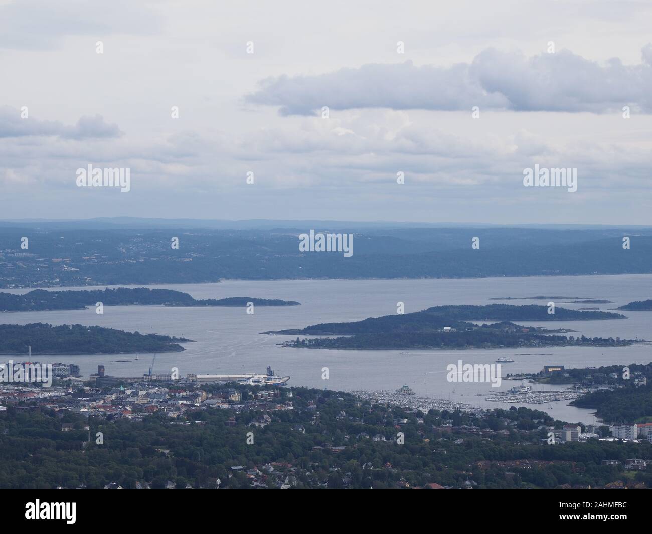 Landscapes of fjord near european town of Oslo in Holmenkollen district ...