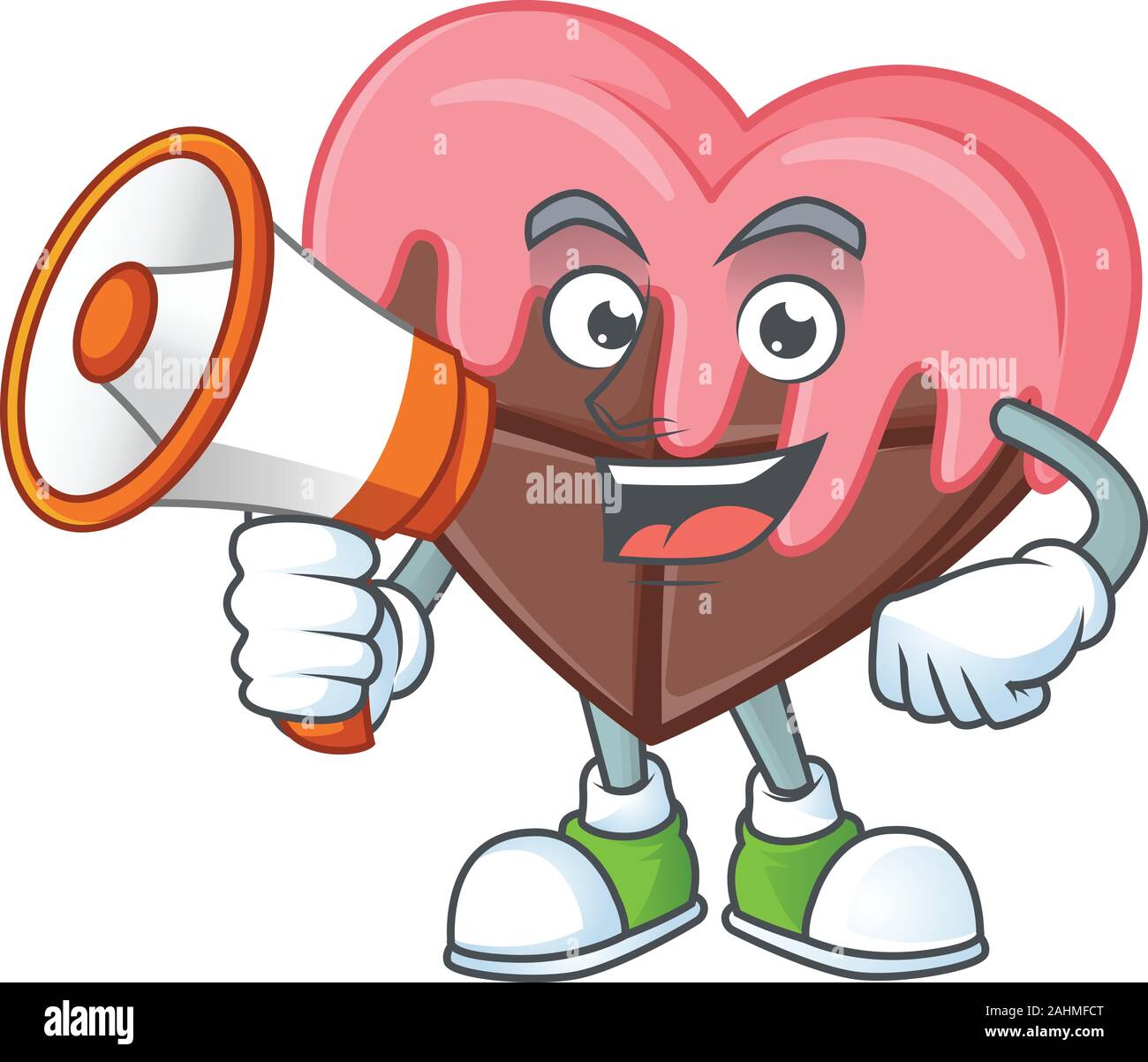 Smiling cartoon character of love chocolate with pink with megaphone ...