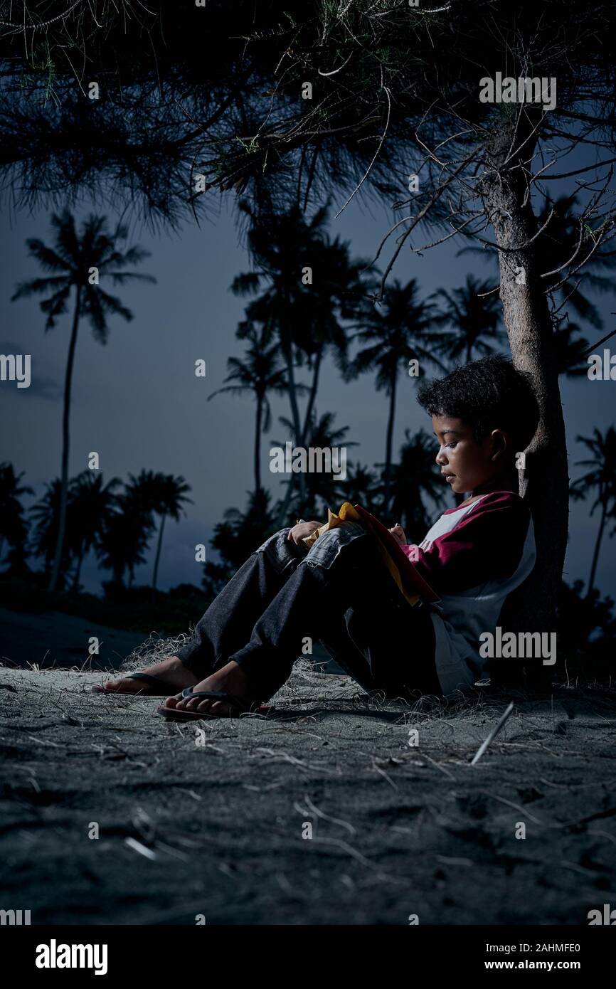 Schoolboy studying hard at night under the moonlight Stock Photo - Alamy