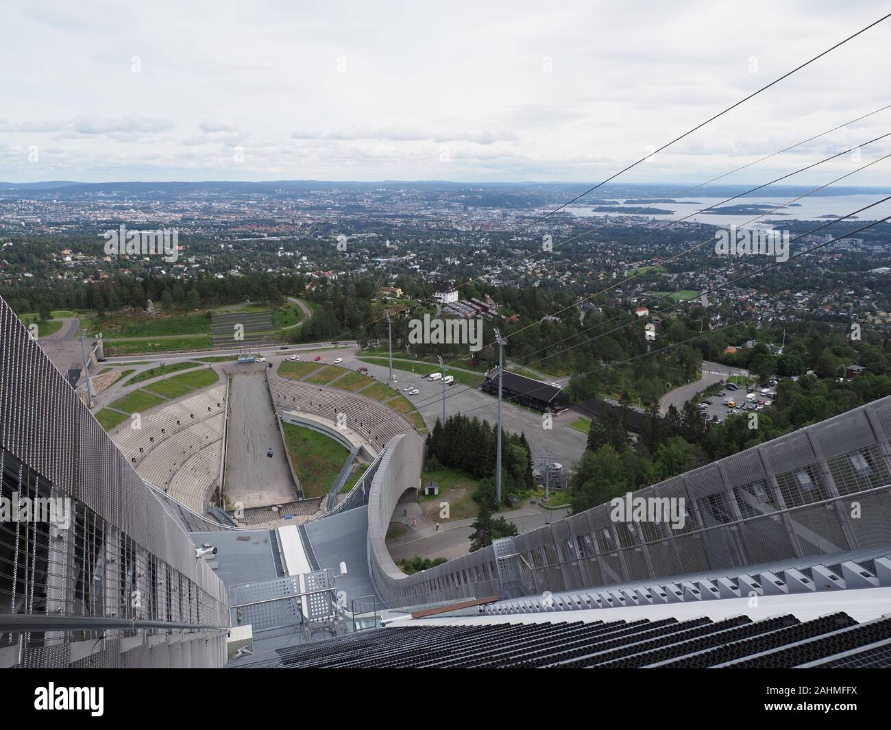 Panoramic view european city of Oslo seen from ski jump in Holmenkollen ...