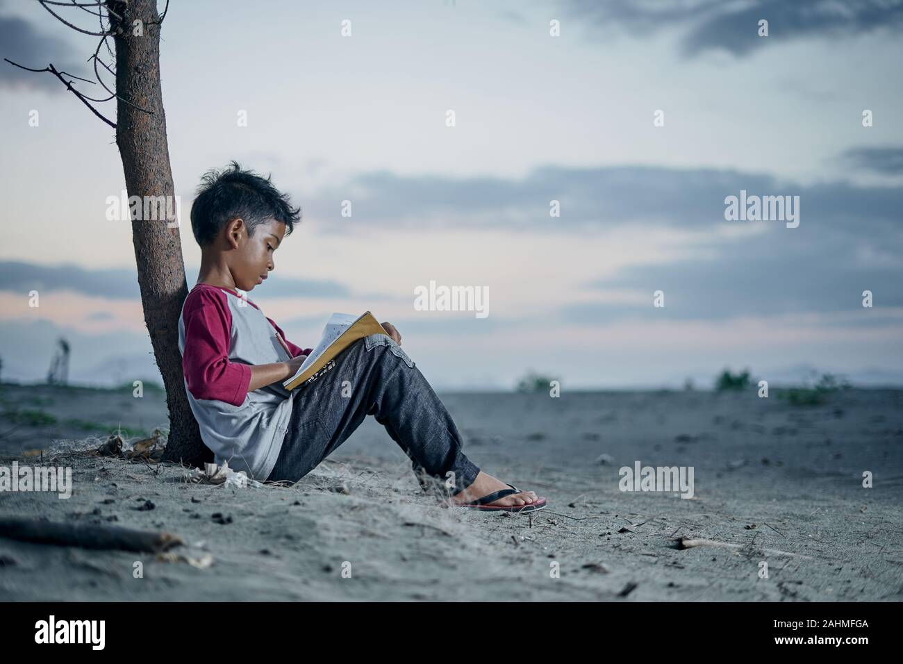 Smart boy doing homework outdoor under the sky at night Stock Photo - Alamy