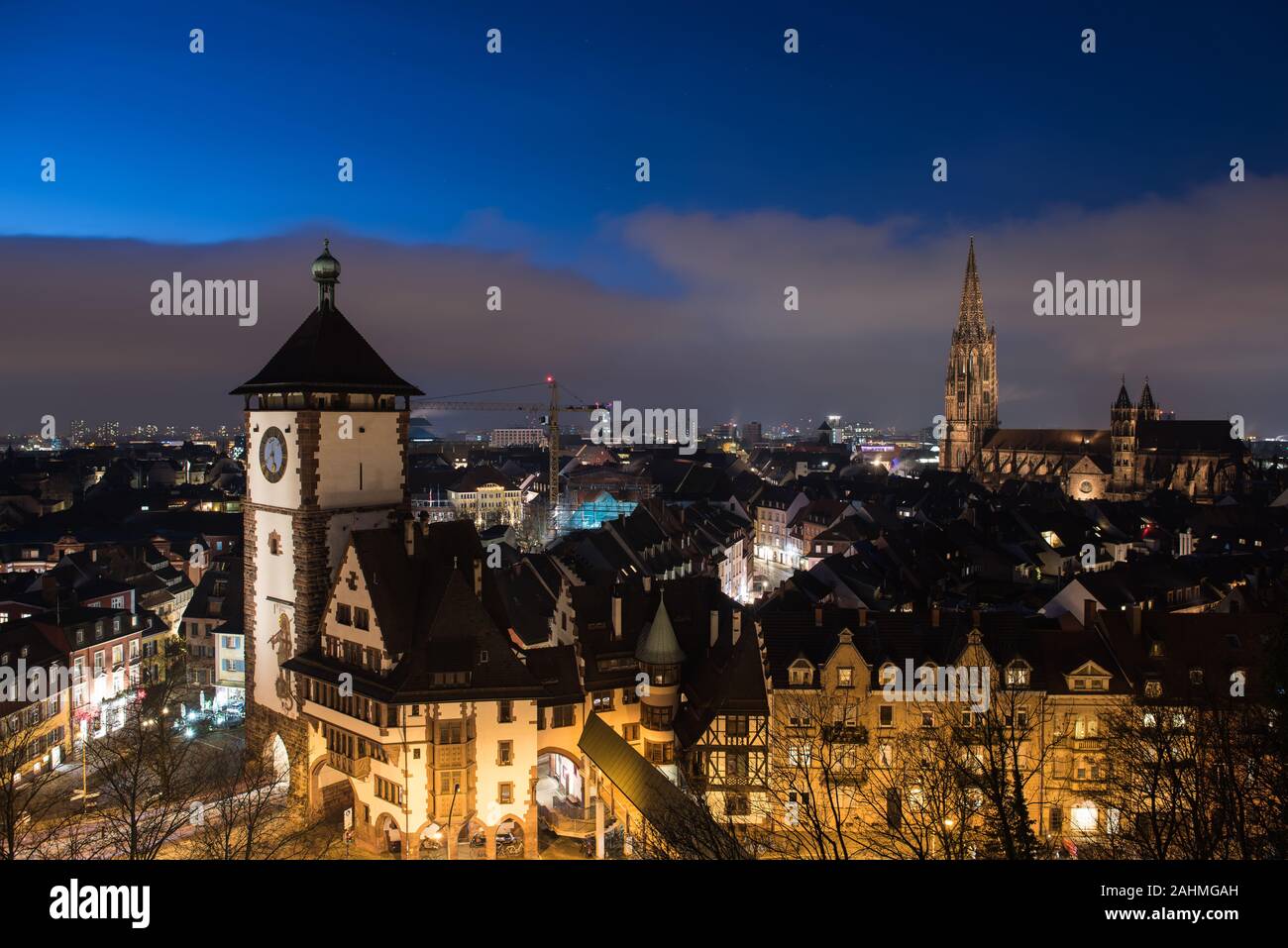 cityscape at night, Freiburg im Breisgau is a university city in ...