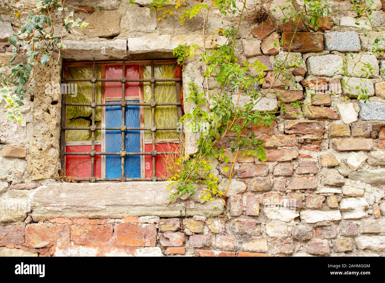 Recycled windows of old type masonry building. Photographed from the ...