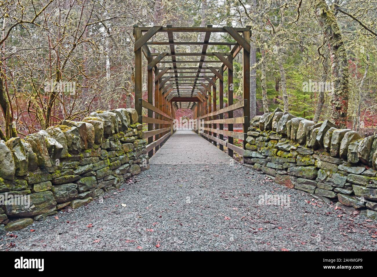 Stone wall and wooden bridge at Loch Dunmore, Perthshire, Scottish ...