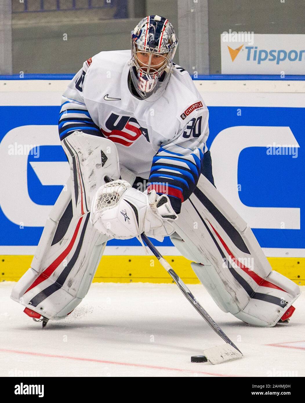 Goalkeeper Spencer Knight (USA) in action during the 2020 IIHF World ...