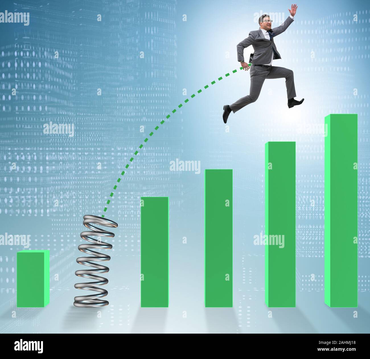 The business people jumping over bar charts Stock Photo - Alamy