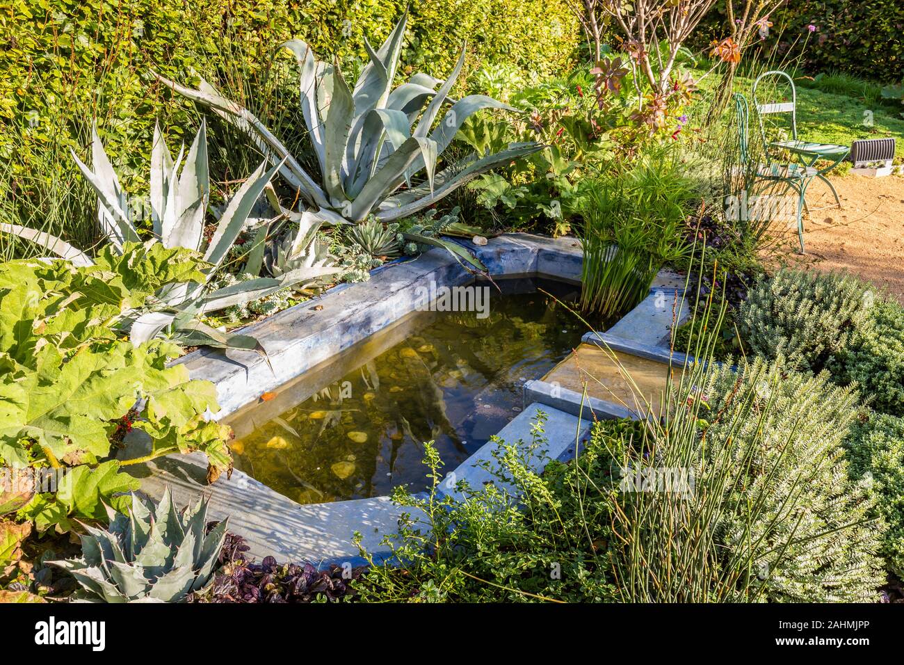 Garden design with a small roman syle pond made from gray stone Stock ...