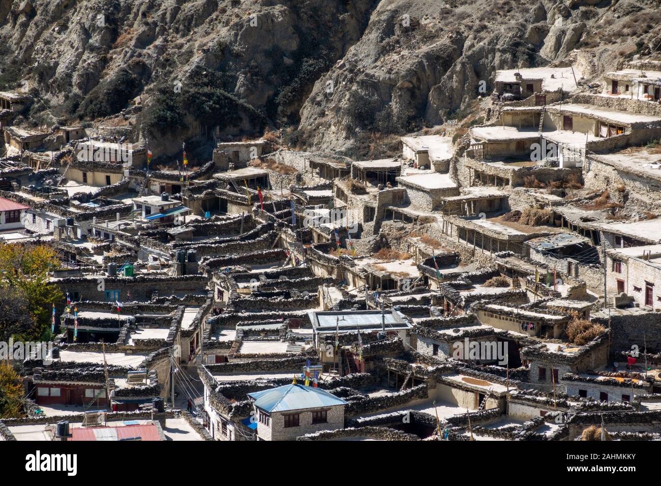 The small village of Marpha, Nepal nestled in a valley in the Himalaya ...