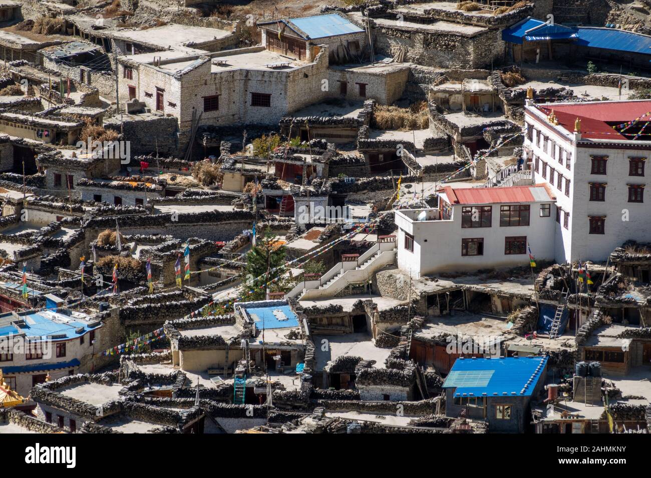 The small village of Marpha, Nepal nestled in a valley in the Himalaya ...